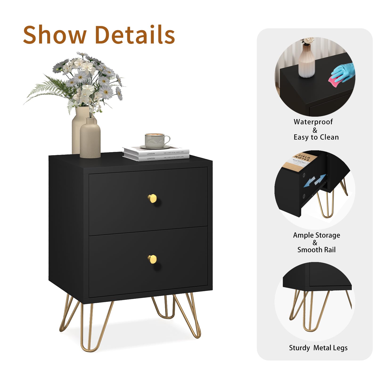 Tradare Black Nightstand Set of 2, Black and Gold Night Stand with 2 Drawers, Modern End Table with Metal Legs and Gold Handles, Bedside Table for Bedroom, Hallway