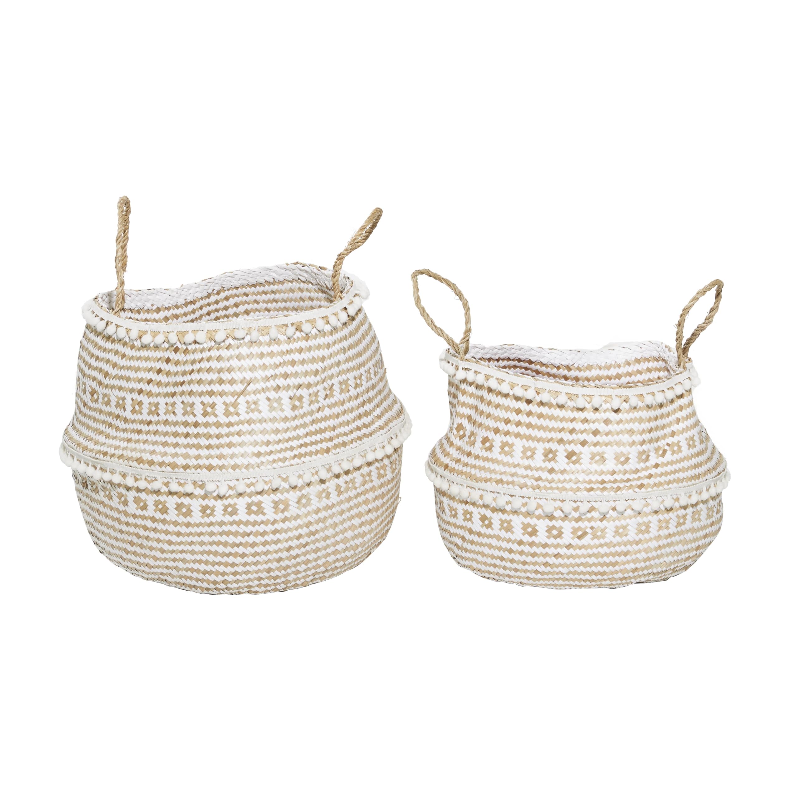 Deco 79 Seagrass Handmade Decorative and Functional Storage Basket Patterned Basket Organizer with Handles, Set of 2 Basket for Storage 17", 14"H, Brown