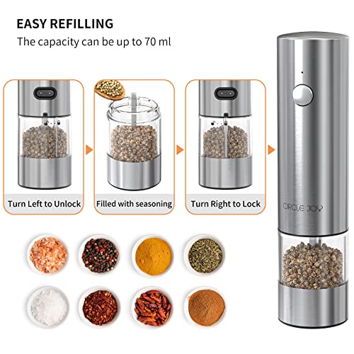 CIRCLE JOY Electric Salt and Pepper Grinder Set Stainless Steel Spice Grinder Automatic Pepper Mills with Easy-to-Carry Dual Charging Station, Brush, White Led Light, and Adjustable Coarseness