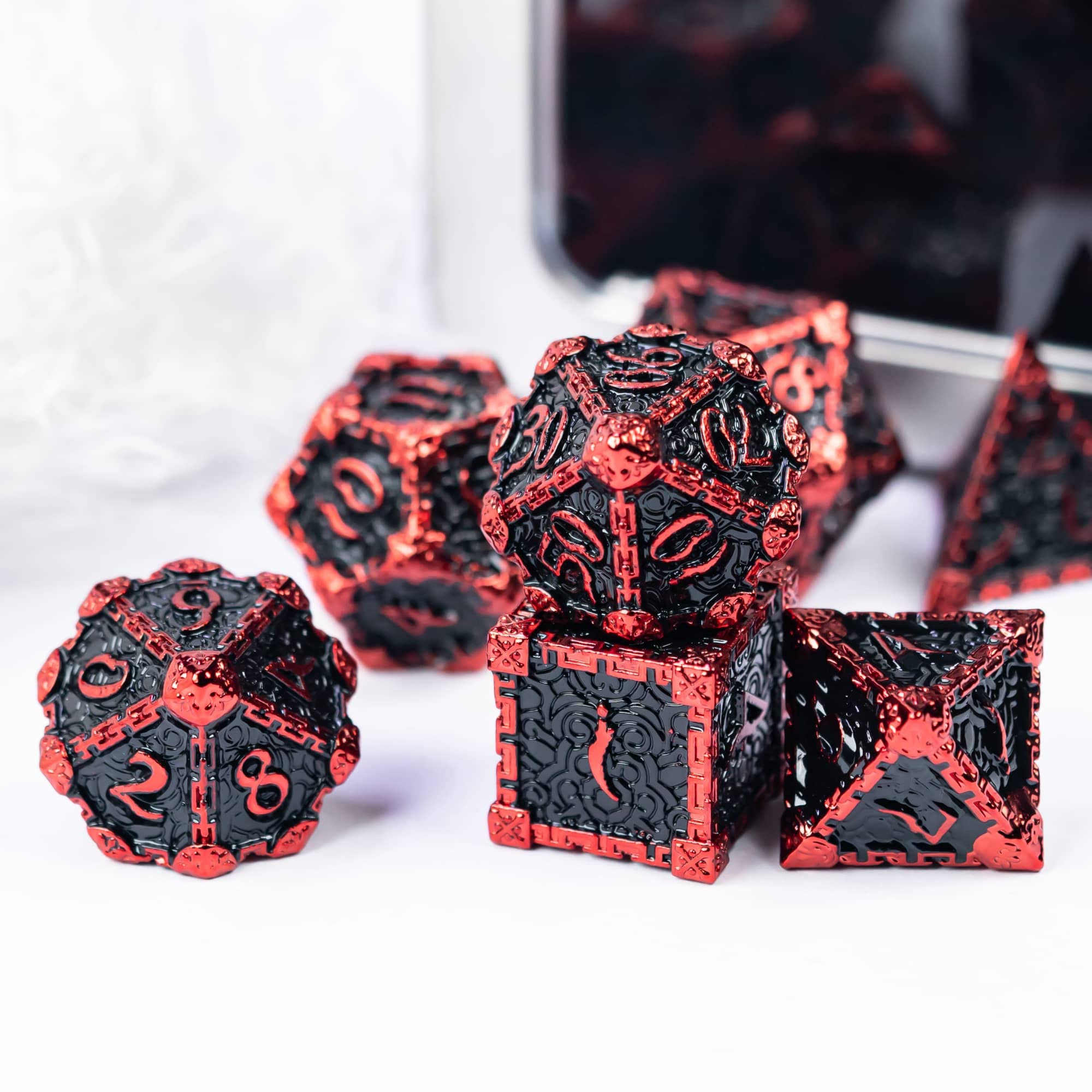 Cusdie Metal Dice with Metal Box, 7 PCs DND Metal Dice, Dagger Design Polyhedral Dice Set, for Role Playing Game D&D Dice MTG Pathfinder (Black with Red Font)