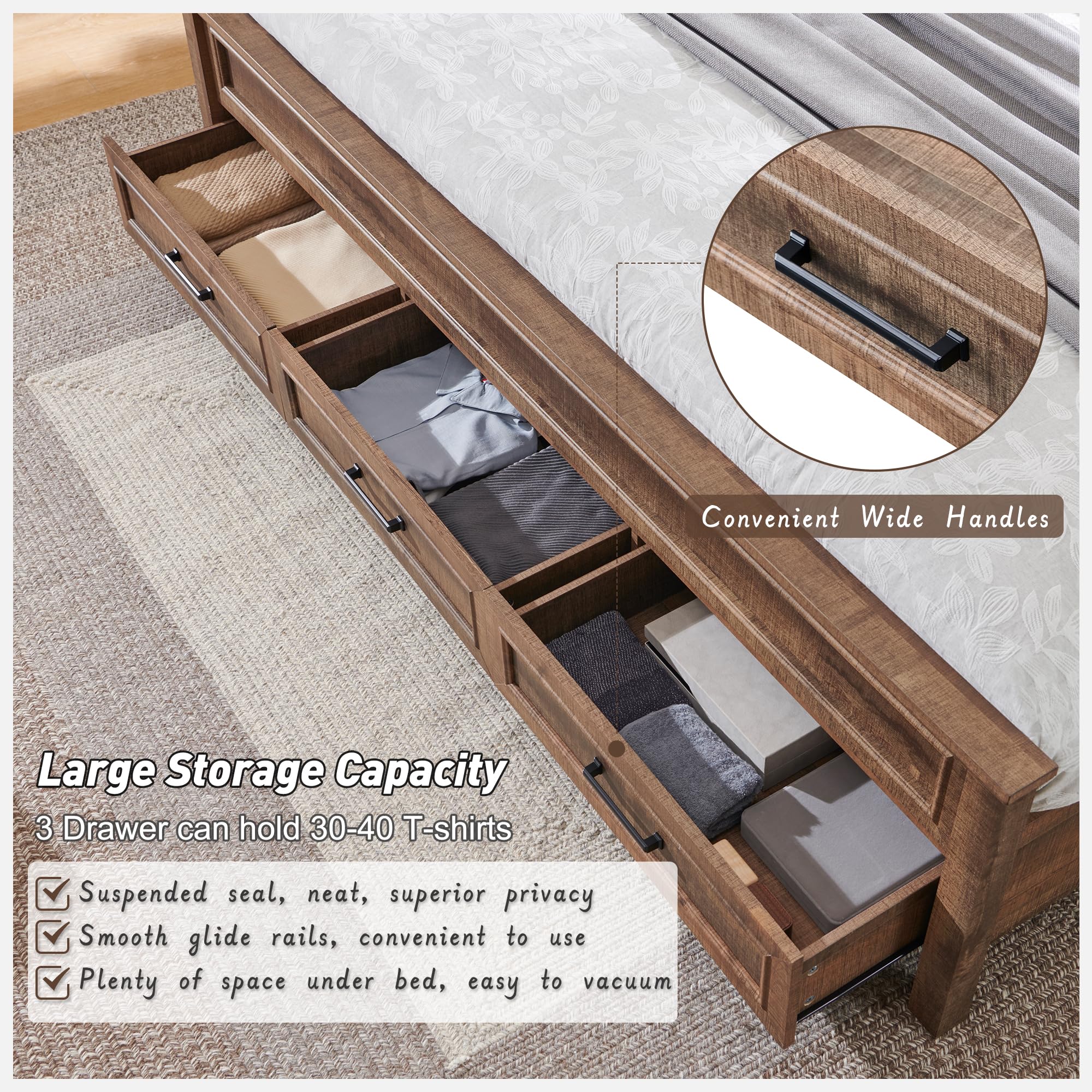 ACCOHOHO Farmhouse Full Size Bed Frame with 52" Tall Full-Panel Headboard, Wood Platform Bedframe with Footboard and Storage Drawers, No Squeak, No Box Spring Needed, Brown