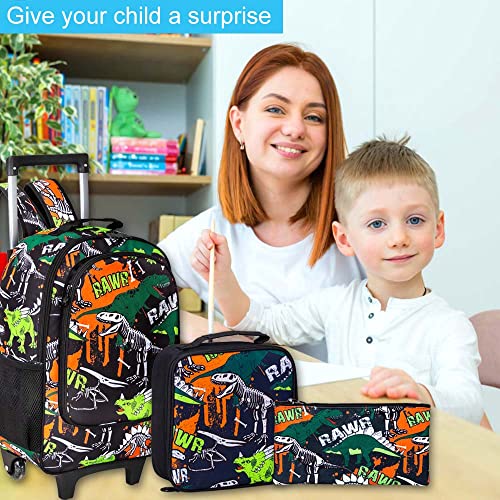 3PCS Rolling Backpack for Boys,Kids Dinosaur Bookbag with Roller Wheels, Suitcase School Bag Set for Toddler Elementary