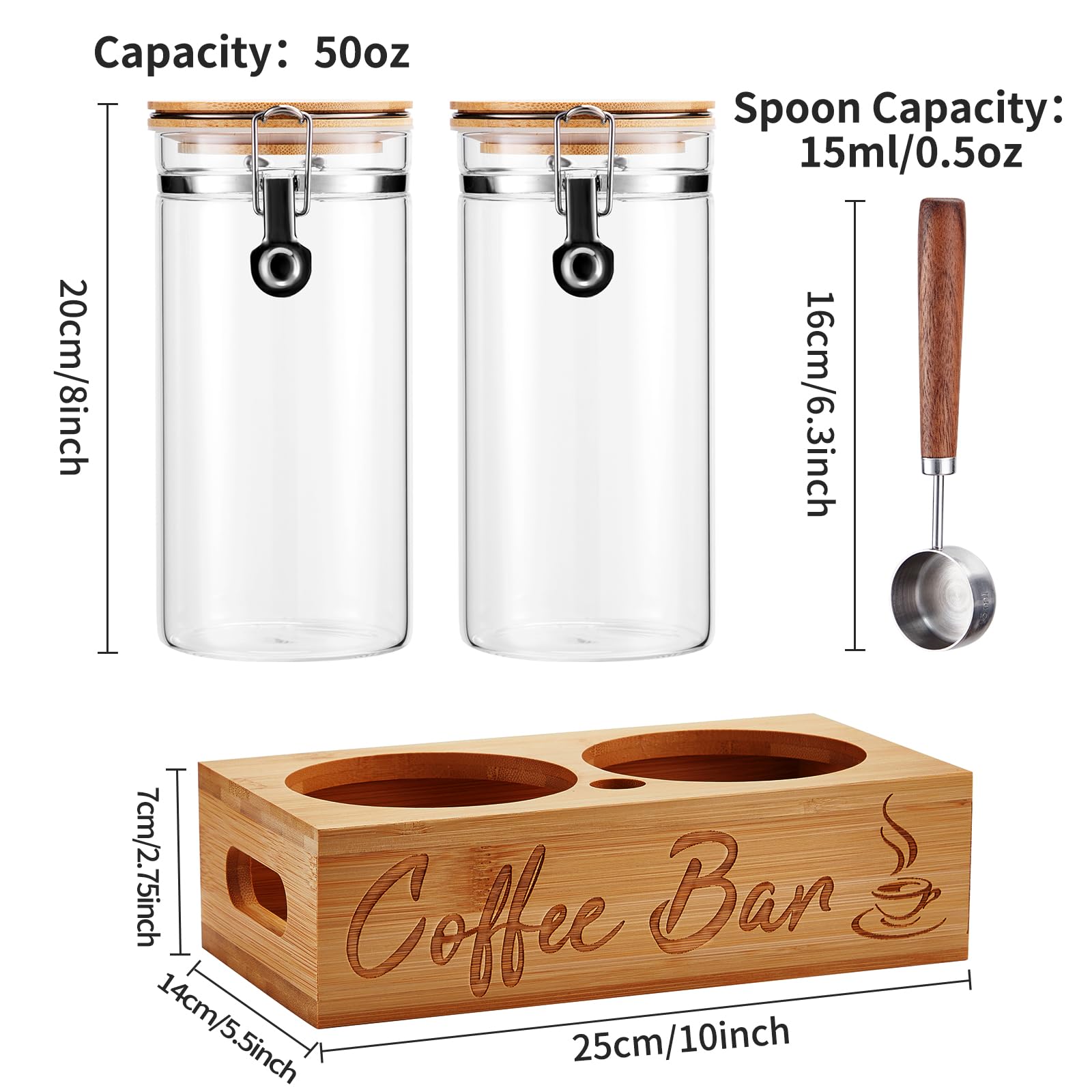 Spreccio Coffee Canister Set with Shelf, 2 x 50oz Coffee Bean Canister Storage Station for Ground Beans, Sugar and Coffee Jar with Scoop, Countertop Coffee Storage for Coffee Bar or Kitchen