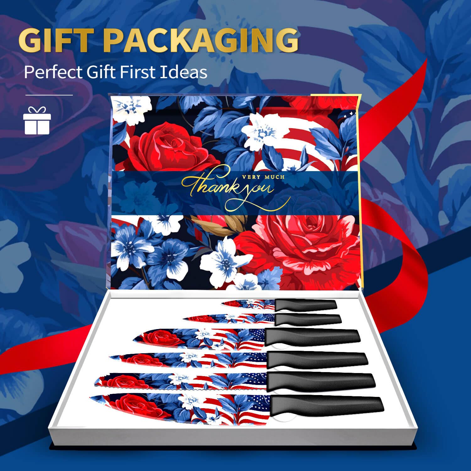Knife Set, 6-Piece Kitchen Knife Set, German Stainless Steel, Dishwasher Safe, Beautiful Unique Gifts, Freedom, Equality and Justice Patterns