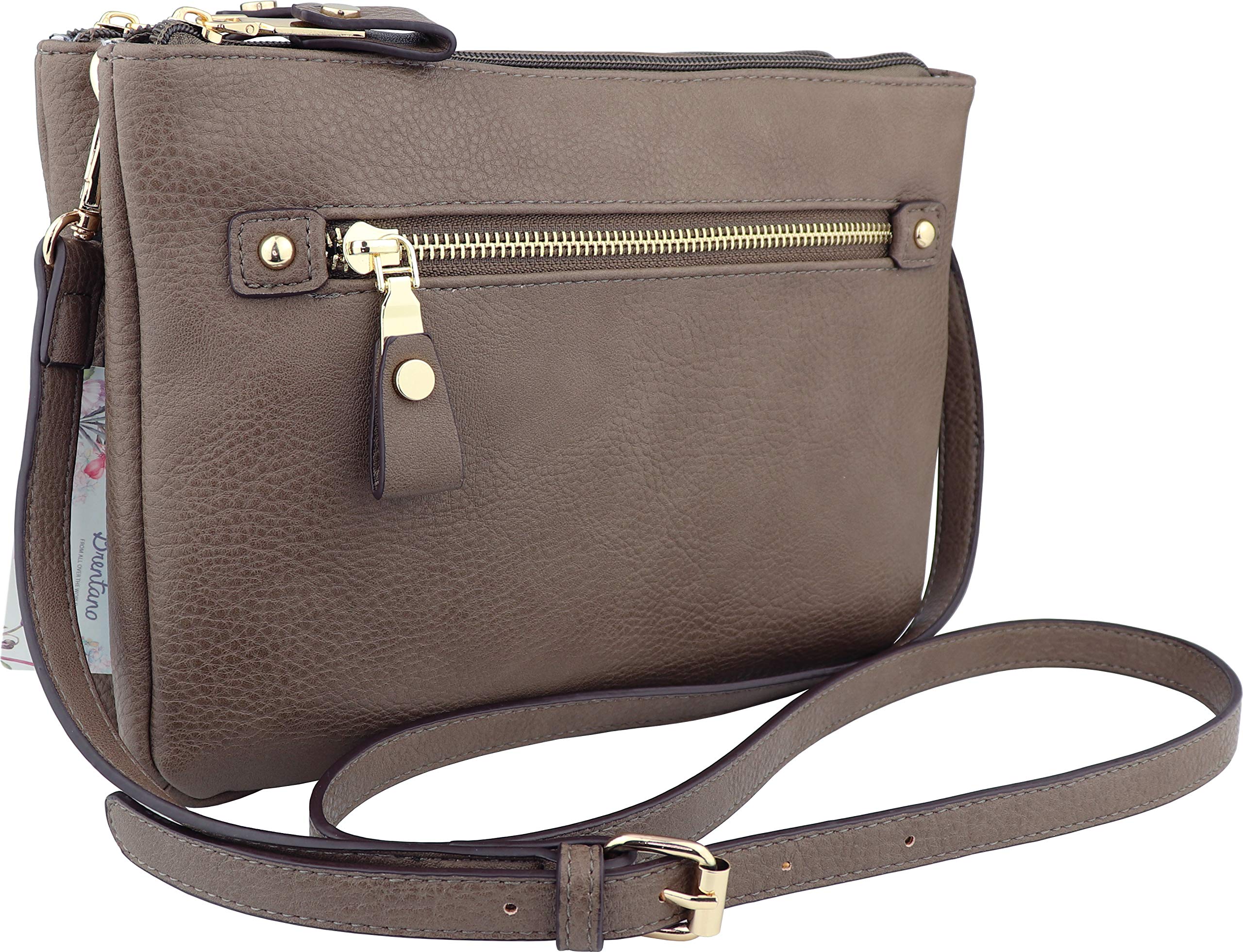 B BRENTANO Multi-zipper Double Pocket Crossbody Handbag Purse (Stone)