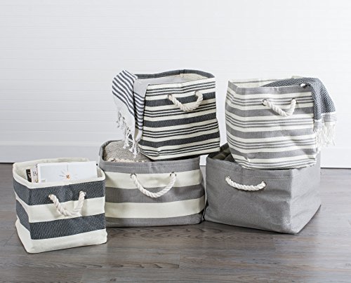 DII Durable Woven Striped Storage Bin Collapsible with Soft Rope Handles Reinforced with Metal Grommets, Medium, 15x10x12, Black