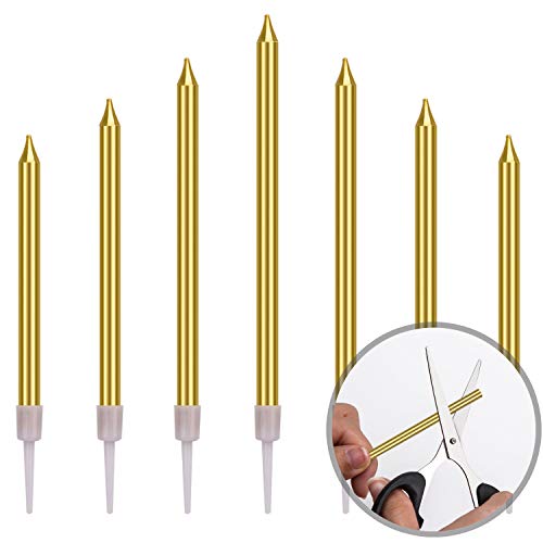 LUTER Metallic Birthday Candles in Holders Tall Birthday Cake Candles Long Thin Cupcake Candles for Birthday Wedding Party Decoration(24 Pieces) (Gold)