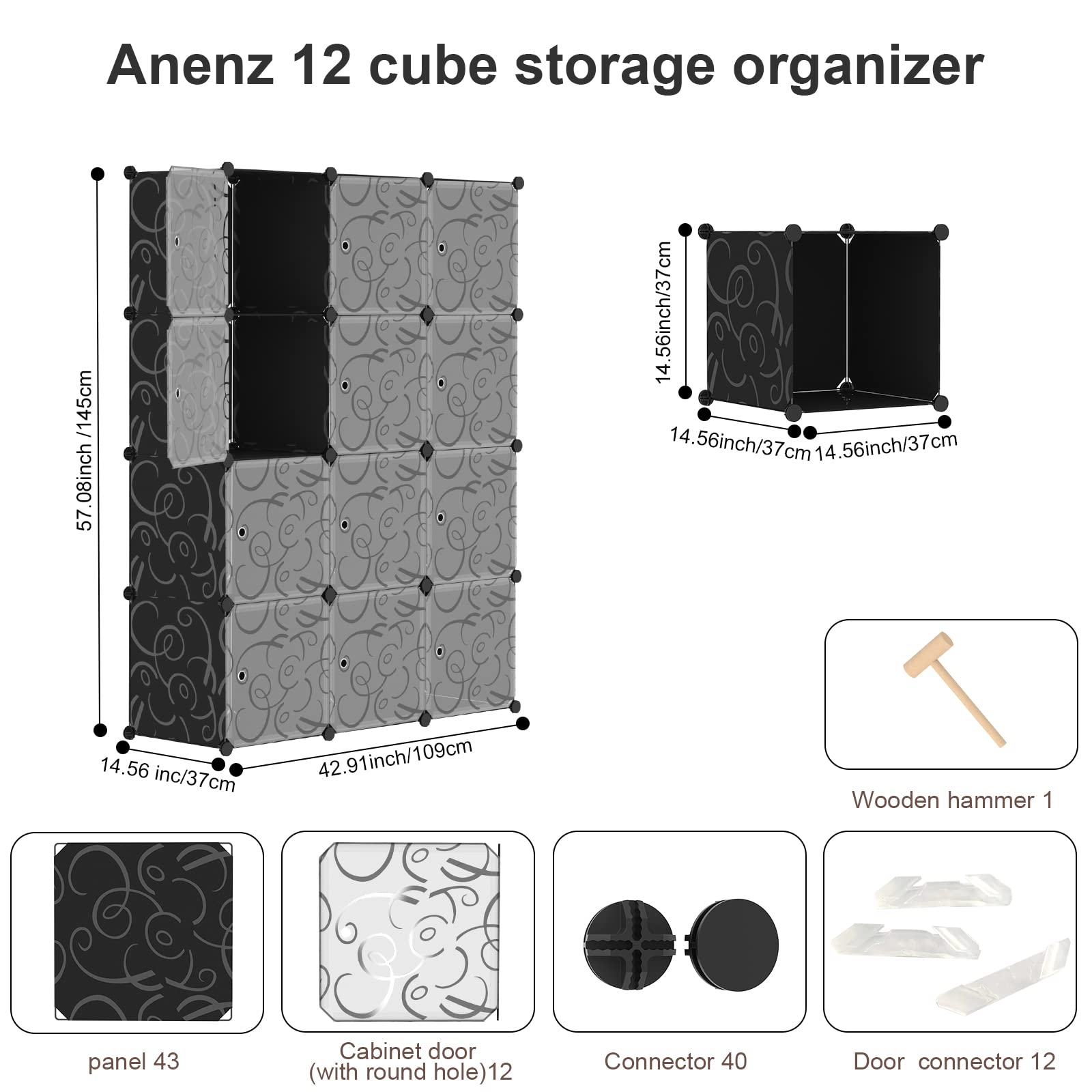 Anenz Cube Storage Organizer,12-Cube Closet Organizer with Doors Plastic Shelving Modular Cubby Shelves Shelf,14 ”x14 Black Storage Cubes Bookshelf