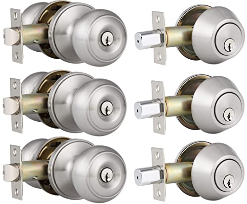 home improvement direct 3 Pack Keyed Alike Deadbolt and Door Knob Set, Satin Nickel Door Lock Combo Set with Deadbolt for Front Door