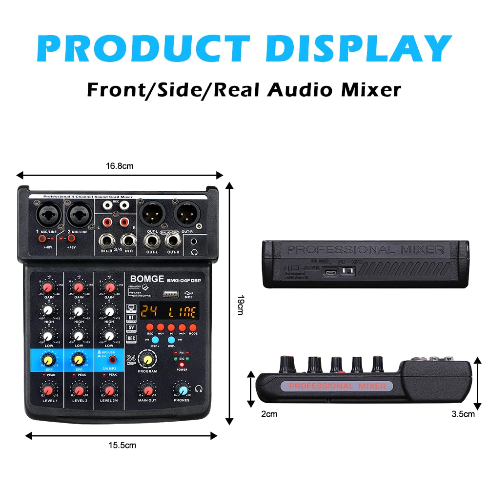 BOMGE 4 Channel mini DJ Audio Sound Mixer Interface with MP3、 USB, Bluetooth, Stereo Recording, 48V Phantom Power, 24 DSP for karaoke, performance, church singing 、 podcas streaming