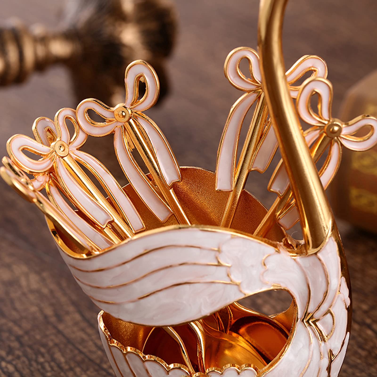 Metal Spoon Set Includes Swan Base Holder And 6 Spoons, Coffee Dessert Flatware Dinnerware Set With Organizer (Gold)