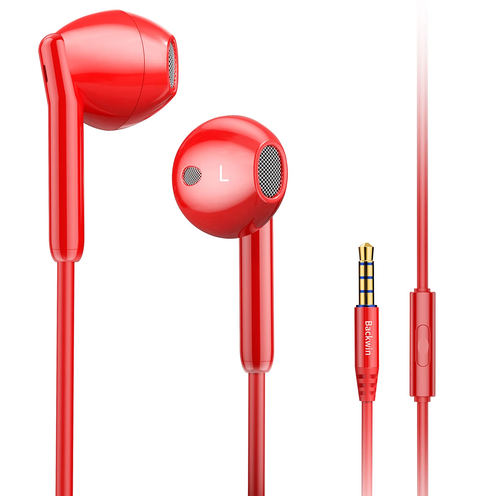BACKWIN Wired Earbuds, Headphones with Mic, Bass Driven Sound, Anti-Tangle Noise Cancelling Clear Calls 0 Latency IP67 Dust/Water Resistance 3.5mm Jack Fit for iphone/iPad/Android/PC(Red)