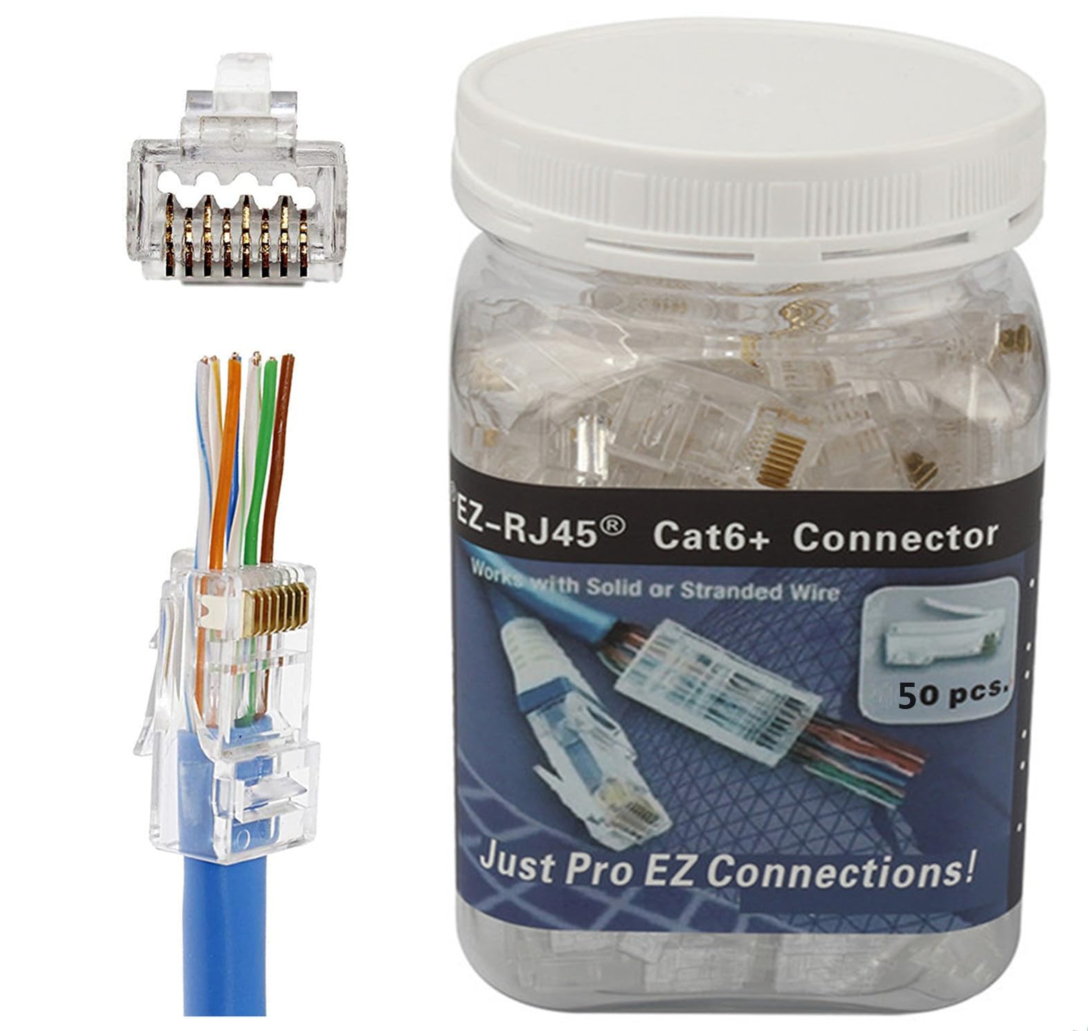 PETECHTOOL RJ45 CAT6A CAT6 Pass Through Connectors 23 AWG Cables 50-Pack - End Bold Ethernet 8P8C Gold Plated Modular Plug for Unshielded Twisted Pair Solid Wire & Standard Cables
