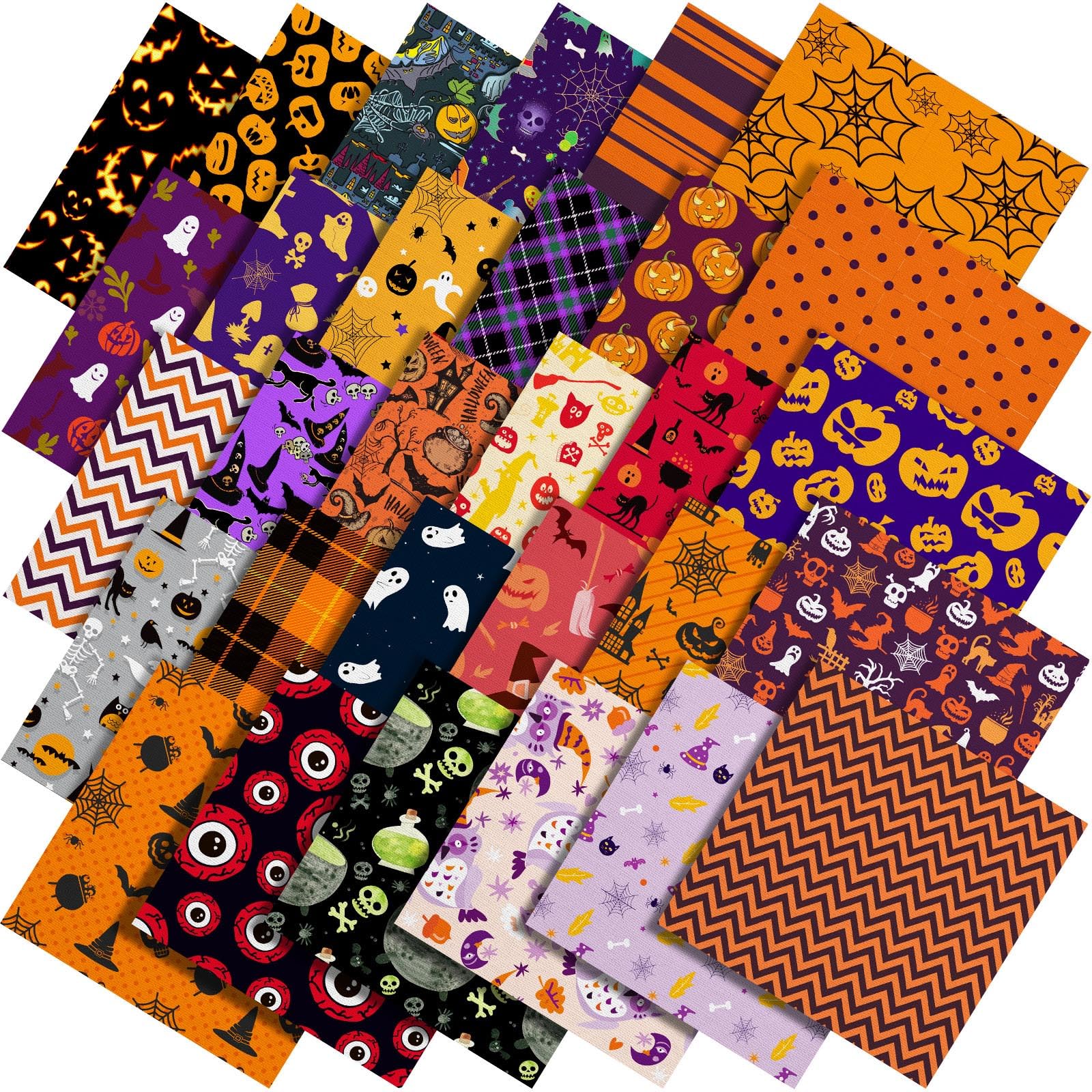 60 Pcs 10 x 10 Inch Halloween Fabric Polyester Fabric Bundle Fat Quarters Bat Pumpkin Ghost Skull Print Fabric Squares Holiday Quilting Fabric for DIY Decorations Sewing Craft, 30 Styles (Pumpkin)