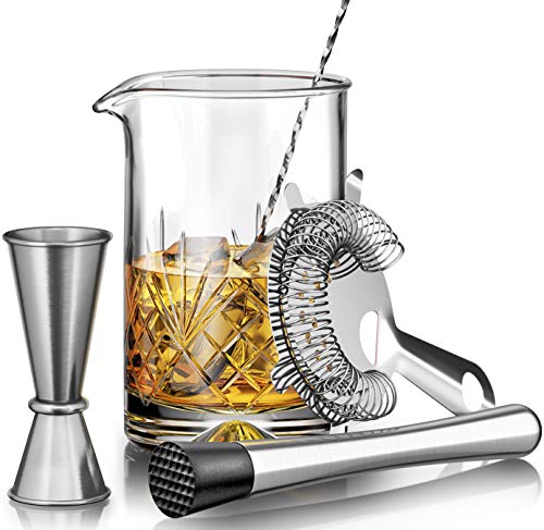 MOFADO Crystal Cocktail Mixing Glass Set - 5 Piece - 18oz 550ml Thick Bottom Crystal Mixing Glass, Spoon, Jigger, Strainer & Muddler - Professional Quality - Makes a Great GiftÂ