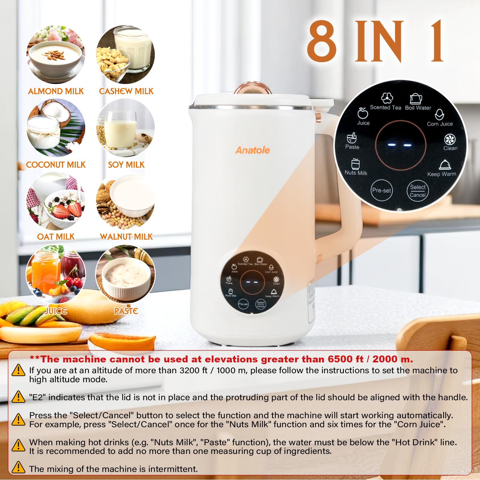 Anatole Nut Milk Maker 24oz 700ml Almond Milk Machine 8-In-1 Multifunctional Soy Oat Plant-Based Milk Blender Homemade Dairy-Free Juice Paste with 10 Stainless Steel Blades 12 Hours Timer Recipes