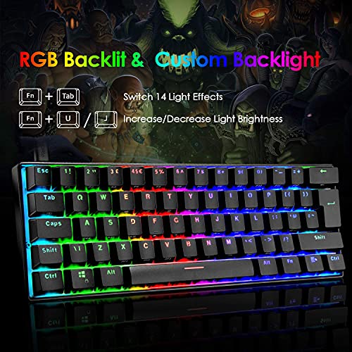 60% Mechanical Gaming Keyboard Mini Portable with RGB Backlit Full Anti-Ghosting 61 Key Ergonomic Metal Plate Wired Type-C USB Waterproof for Typist Laptop PC Mac Gamer(Black Keycap/Blue Switch)