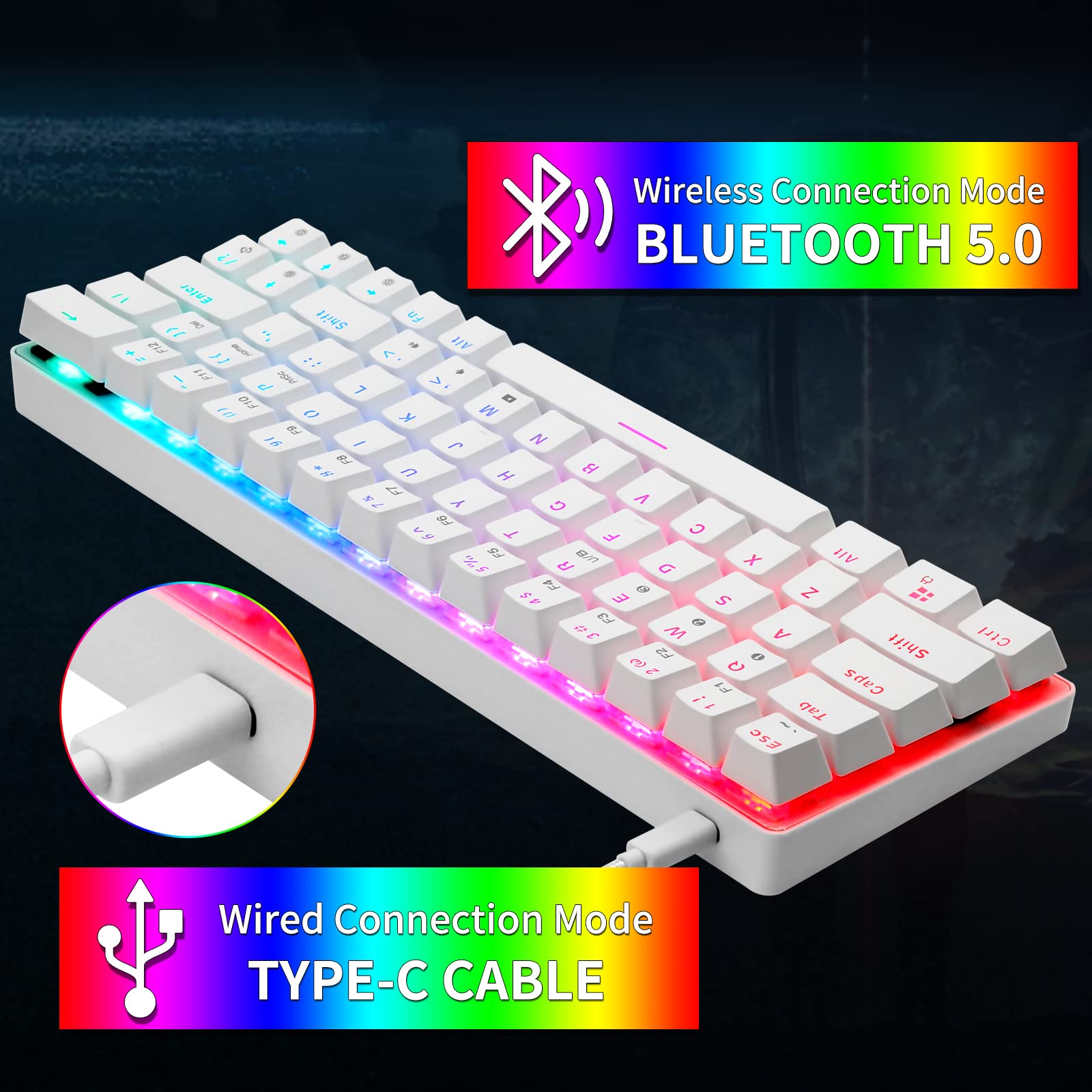 60% Mechanical Gaming Keyboard, Wired/Bluetooth 5.0 Keyboard, RGB Backlit Ultra-Compact Mini Keyboard, 63 Keys Keyboard for PC/Mac Gamer, Office