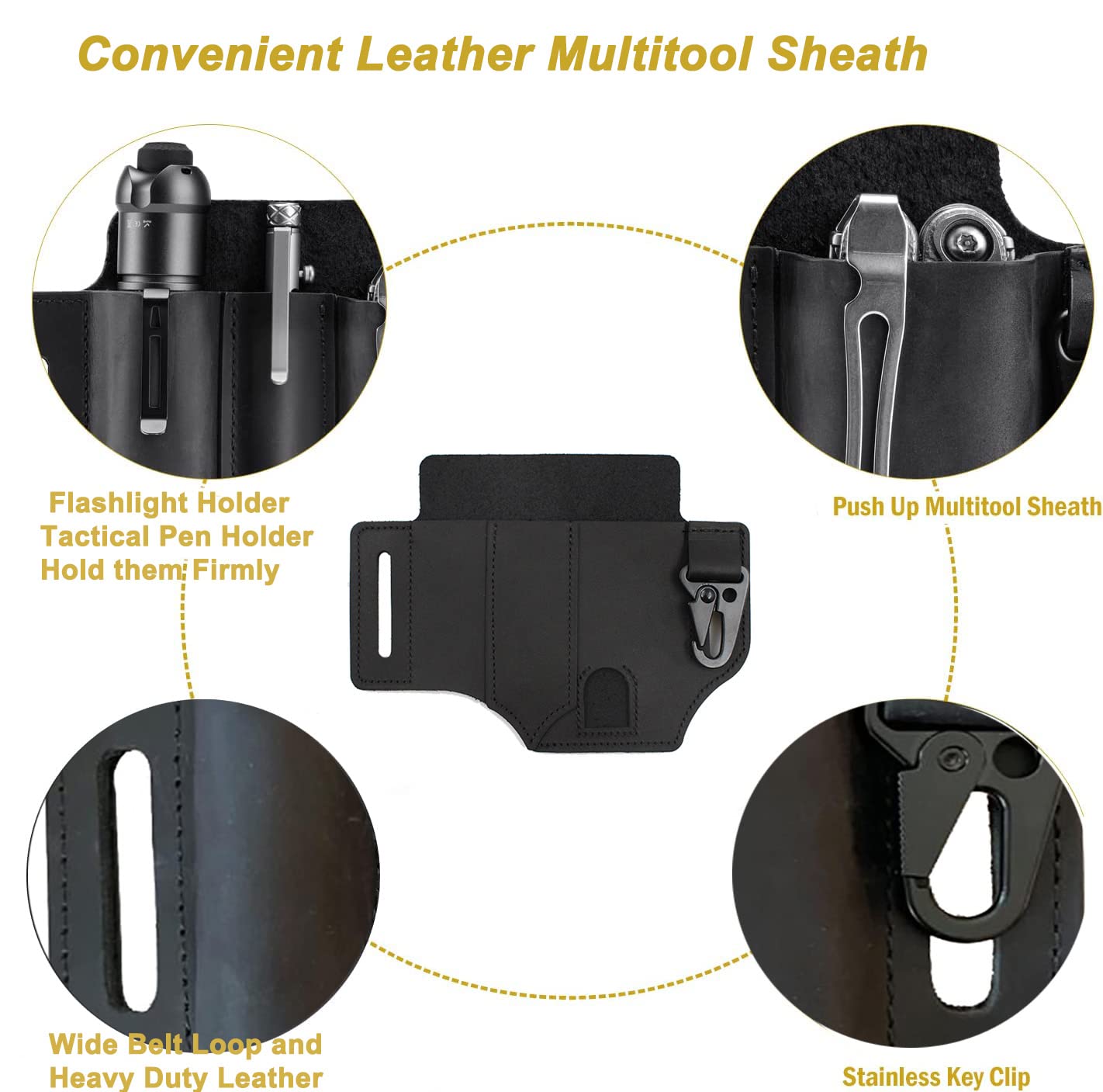 Leather Multitool Sheath for Belt, EDC Belt Organizer for Men, Multi Tool Holster with Tactical Pen Holster, Flashlight Holster, Key Holder