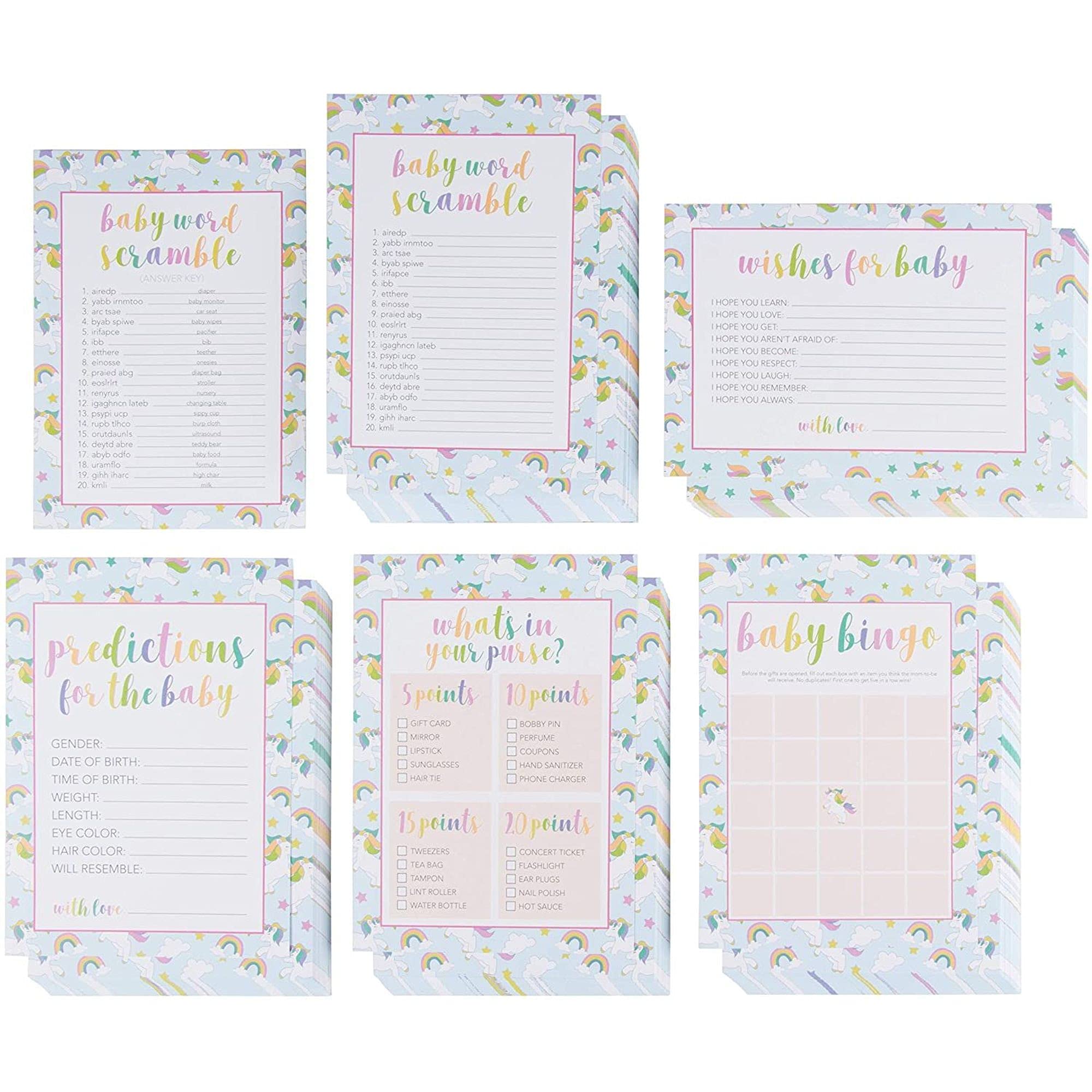 Juvale Baby Shower Game Card Packs - 5-Set Assorted Party Activity Supplies for 50 Guests, Including Bingo, Word Scramble, and Well Wishes, Unicorn and Clouds Design, 50 Sheets, 5 x 7 Inches