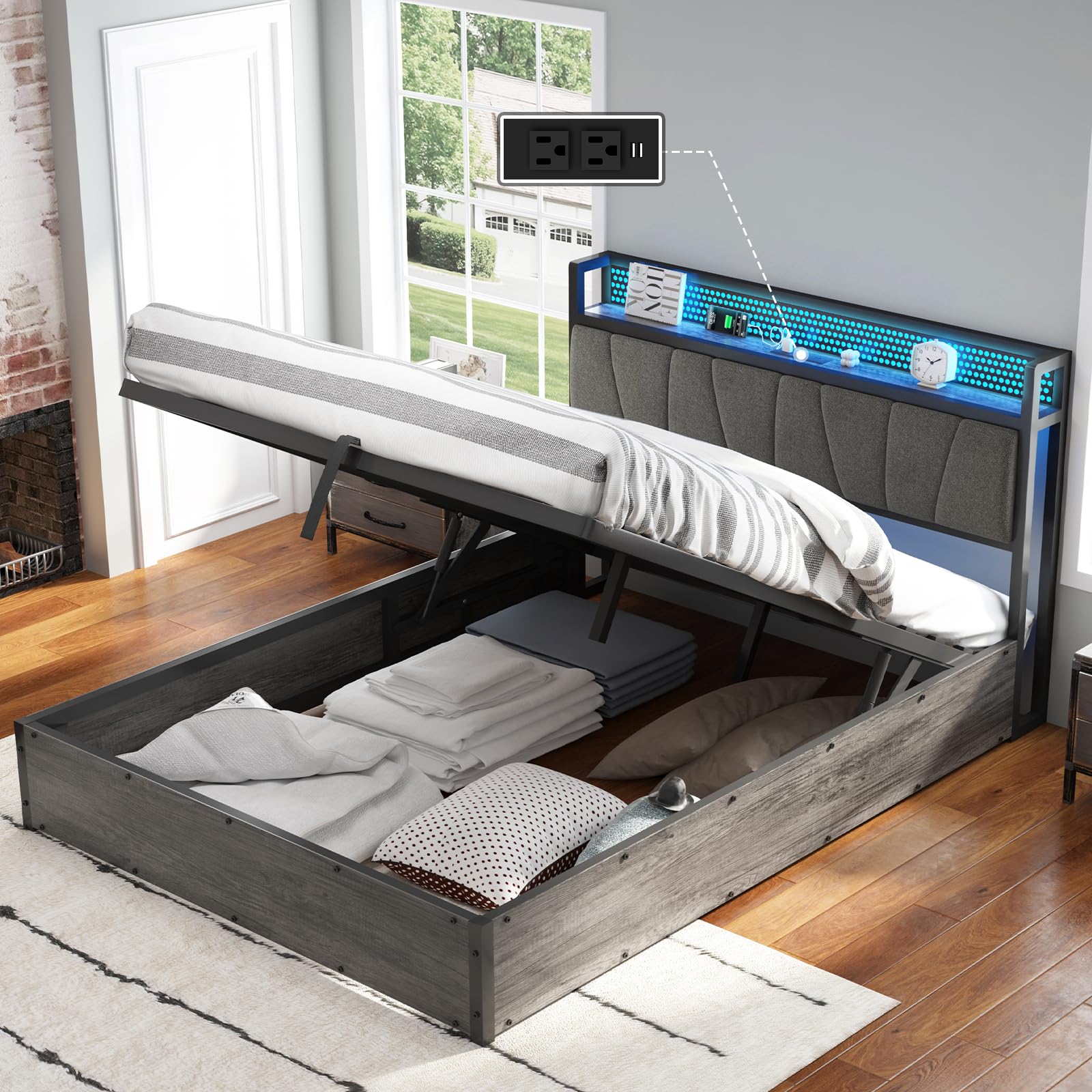 AMERLIFE Queen Size Lift Up Bed Frame with Linen Upholstered & LED Light & Storage Headboard, Platform Bed Frame with Charging Station, No Box Spring Needed, Noisy Free, Rustic Grey
