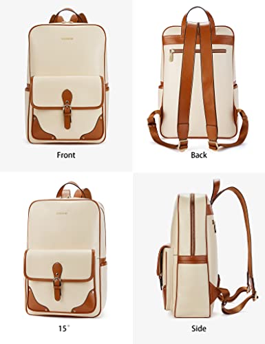 BOSTANTEN Leather Laptop Backpack for Women 15.6 inch Computer Bag Stylish College Daypack Travel Bag Off-white with Brown