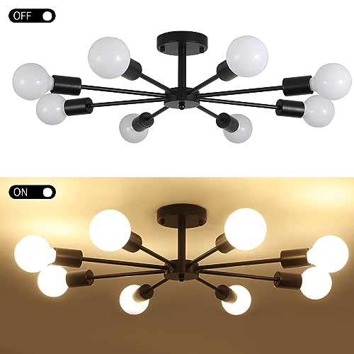 Black Modern Sputnik Chandelier Ceiling Light 8-Light Sputnik Light Fixture Black Mid Century Semi Flush Mount Celing Lights Fixture for Living Dining Room Bedroom Kitchen Foyer Office