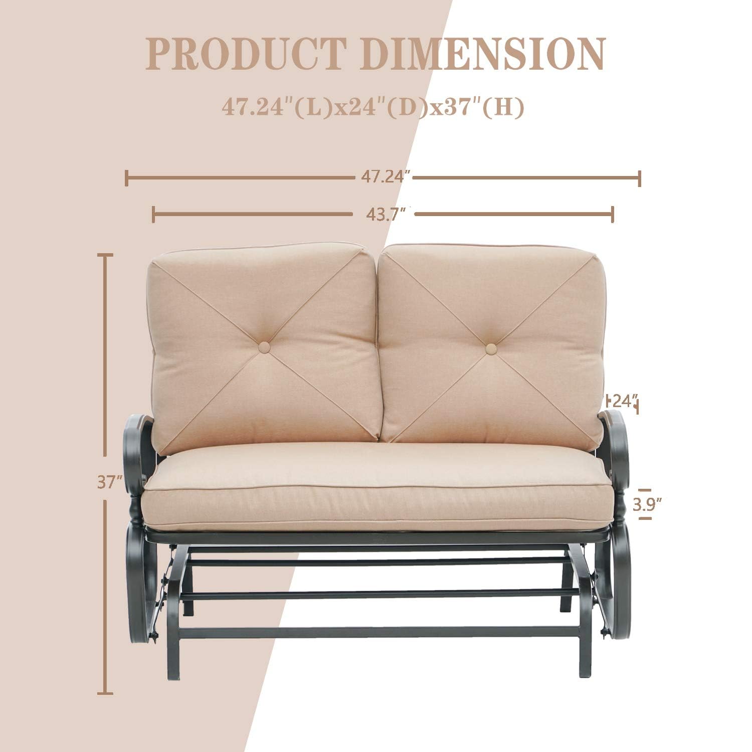 Betterland Outdoor Glider Rocking Chair Patio Swing Glider Bench for 2 Person, Metal Frame Loveseat Chair with Cushions (Brown)