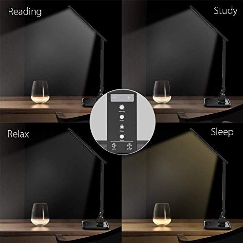 Fugetek LED Desk Office Lamp, Exclusive: 27 Eye-Caring Recessed LEDs, 5-Level Brightness, 4-Lighting Modes, USB Charging Port, 14W, Touch Control Panel, Dimmer, 1-Hour Auto Timer, 5V/1A, (Black)