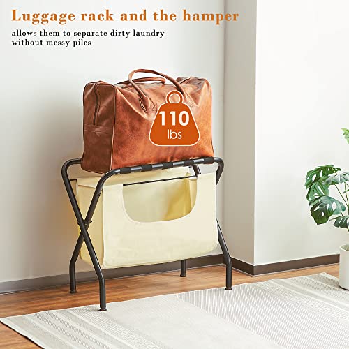 ELYKEN 2 Pack Luggage Rack with Laundry Bag, Guest Room Folding Space Saving Suitcase Holder, Max 110LBS Baggage Shelf with Heavy Duty Nylon Belts, Dirty Clothes Storage for Bedroom Hotel
