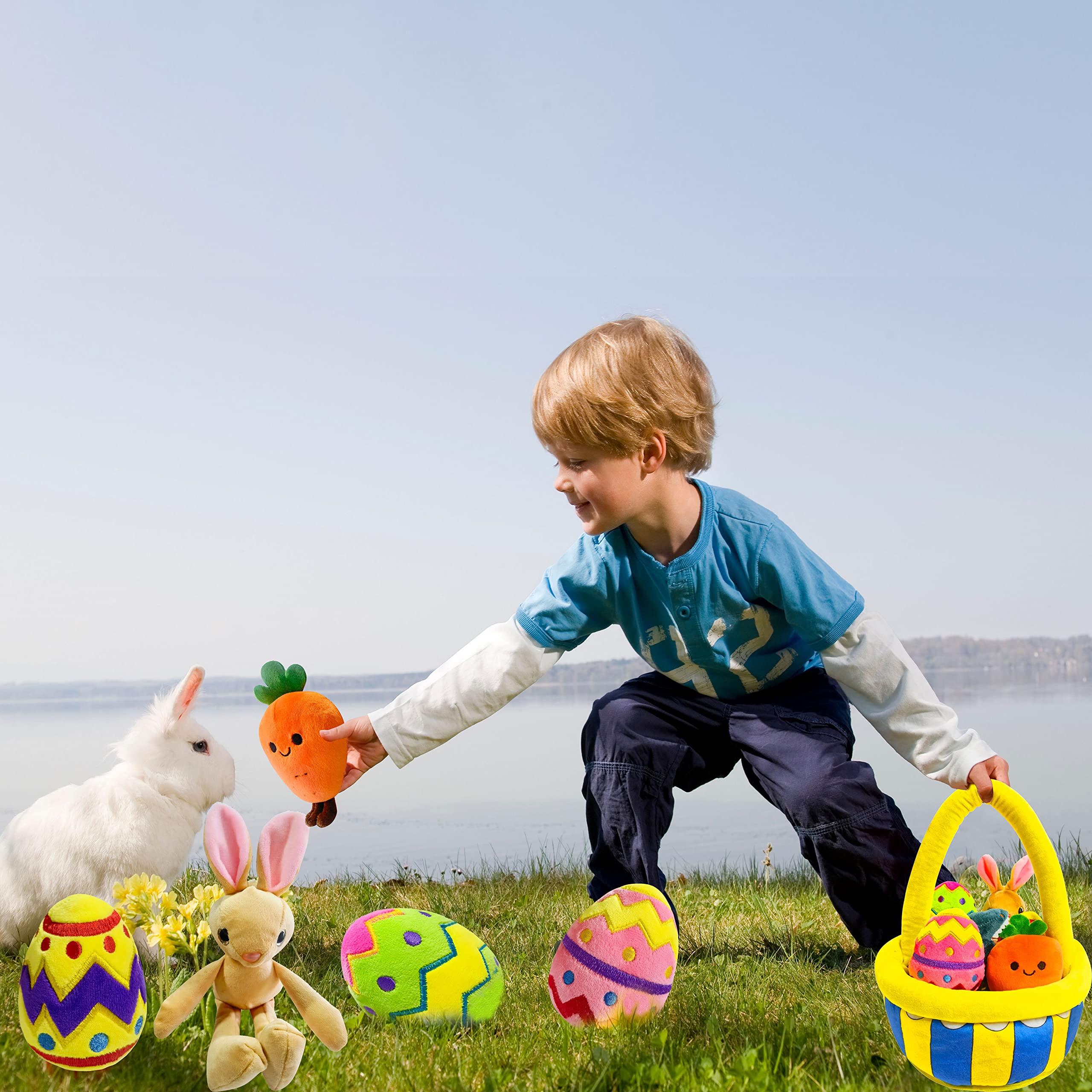 Cherislpy 7 Pcs Easter Plush Basket Goodie Bags Stuffers Plushies Playset Basket Fillers Toys for Party Favor, Plush Easter Bunny Eggs for Kids