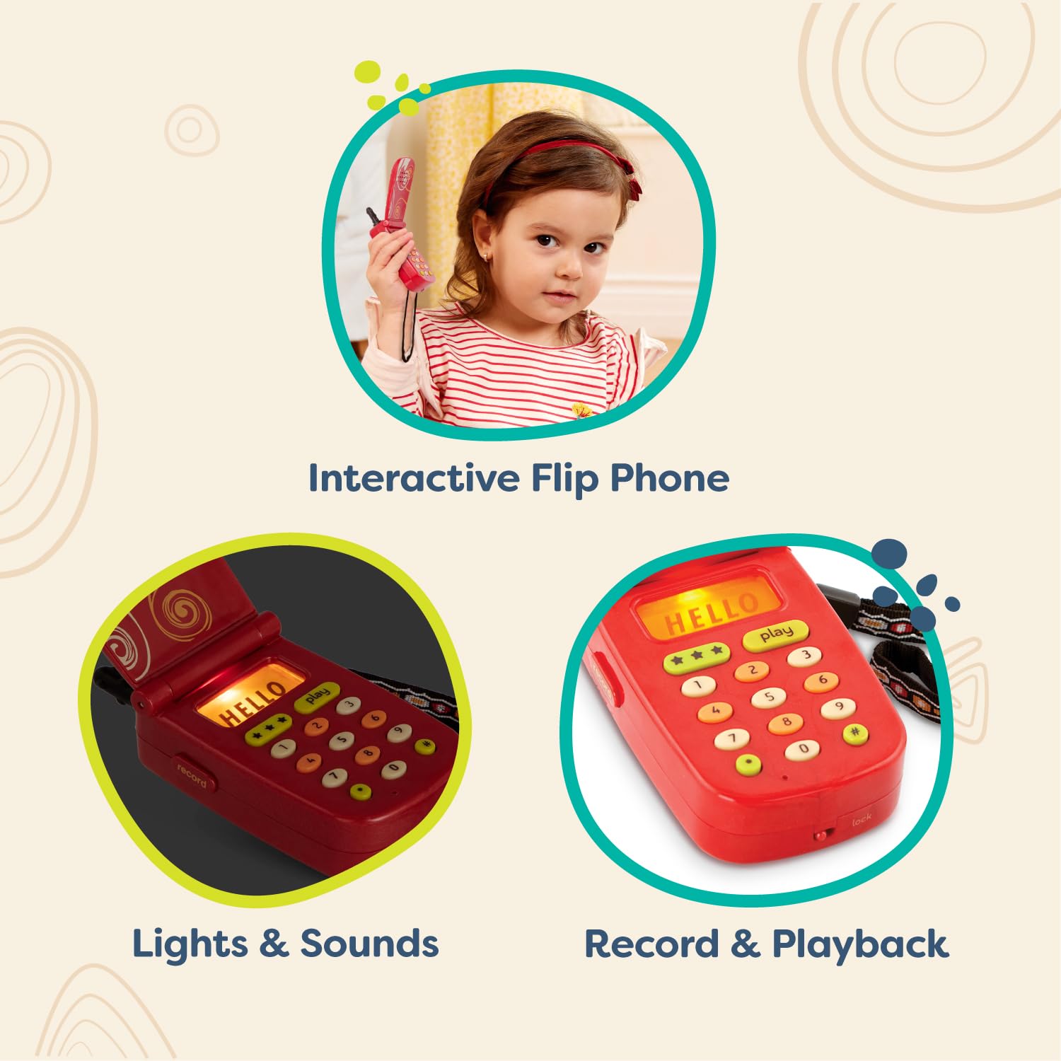 B. toys- Hellophone- Red- Pretend Play Toy Cell Phone β Kids Play Phone with Light Sounds and Songs β Toddler Phone with Message Recorder- 18 months +