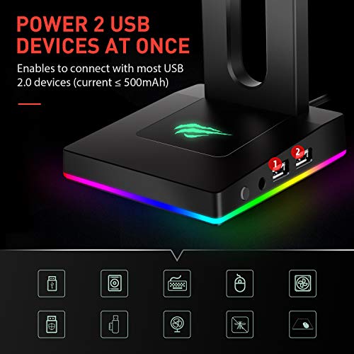 Havit RGB Headphones Stand with 3.5mm AUX and 2 USB Ports, Headphone Holder for Gamers Gaming PC Accessories