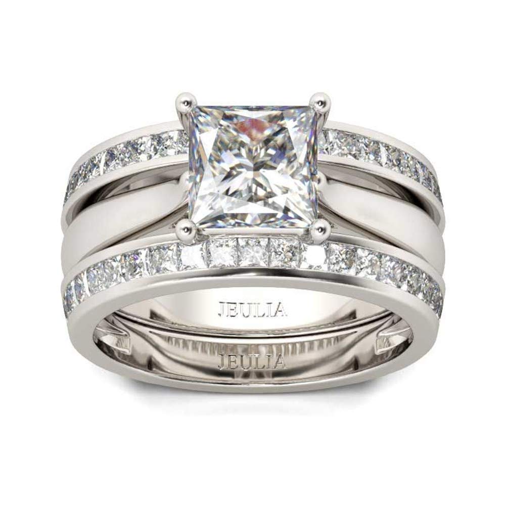 Jeulia 4.37 Carat Engraved Pricess Cut Cubic Zirconia Engagement Ring Diamond Wedding Bands for Women CZ Solitaire Sterling Silver Anniversary Bridal Promise Rings Set (8.5)