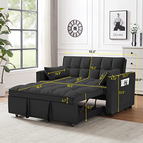 DHHU 52" Sleeper Couch Pull Out Bed, Velvet Convertible Sofa Bed, Loveseat Couch with Toss Pillows and Pockets for Living Room Furniture