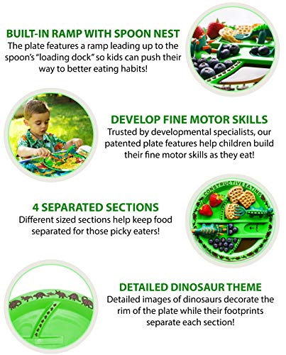 Constructive Eating Plate and Utensils Set Dinosaur - Made in USA - Toddler Dinnerware, Kids Dinnerware and Utensils Set for Ages 1-3, Toddler Utensils 2 and 3 Year Old, Divided Toddler Plates