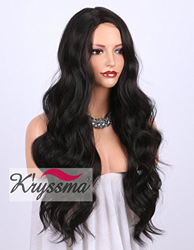 K'ryssma Black Synthetic Wigs for Black Women, Natural Looking Long Wavy Wigs Right Side Parting NONE Lace Front Black Wig Heat Resistant Fiber Wigs Hair Replacement Wig 24 inch