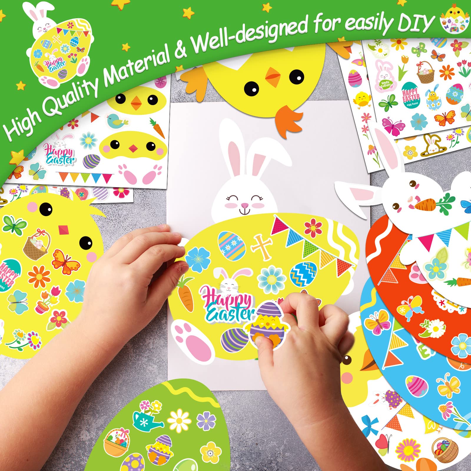 chiazllta 36Packs Easter DIY Craft Kit Stickers Set for Kids Eggs Bunny Chicks Easter Paper Craft Kit for Home Preschool Classroom Game Activities