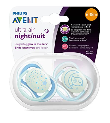Philips AVENT Ultra Air Nighttime, 6-18 Months Pacifier, Blue, Pack of 4, SCF376/43