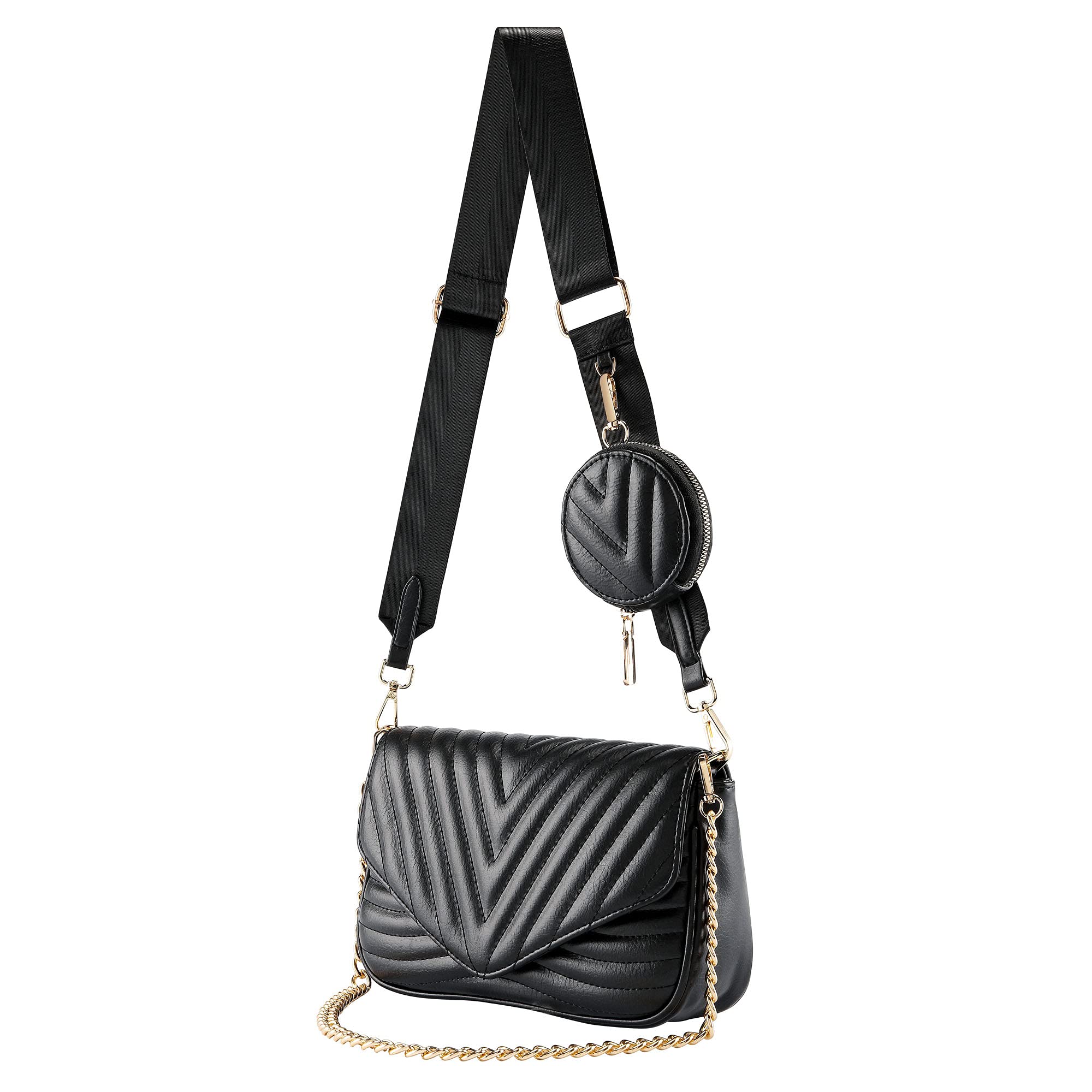 CHIC DIARY Crossbody Bag for Women Multipurpose Clutch Purse Shoulder Handbag with Coin Purse and Chain (Medium, Black)