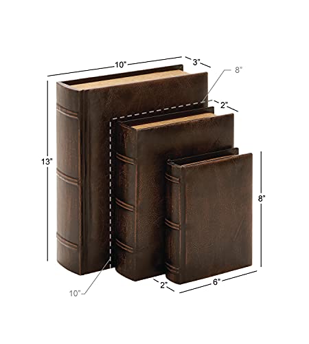 Deco 79 Wood Faux Book Box with Faux Leather Detailing, Set of 3 13", 10", 8"H, Brown
