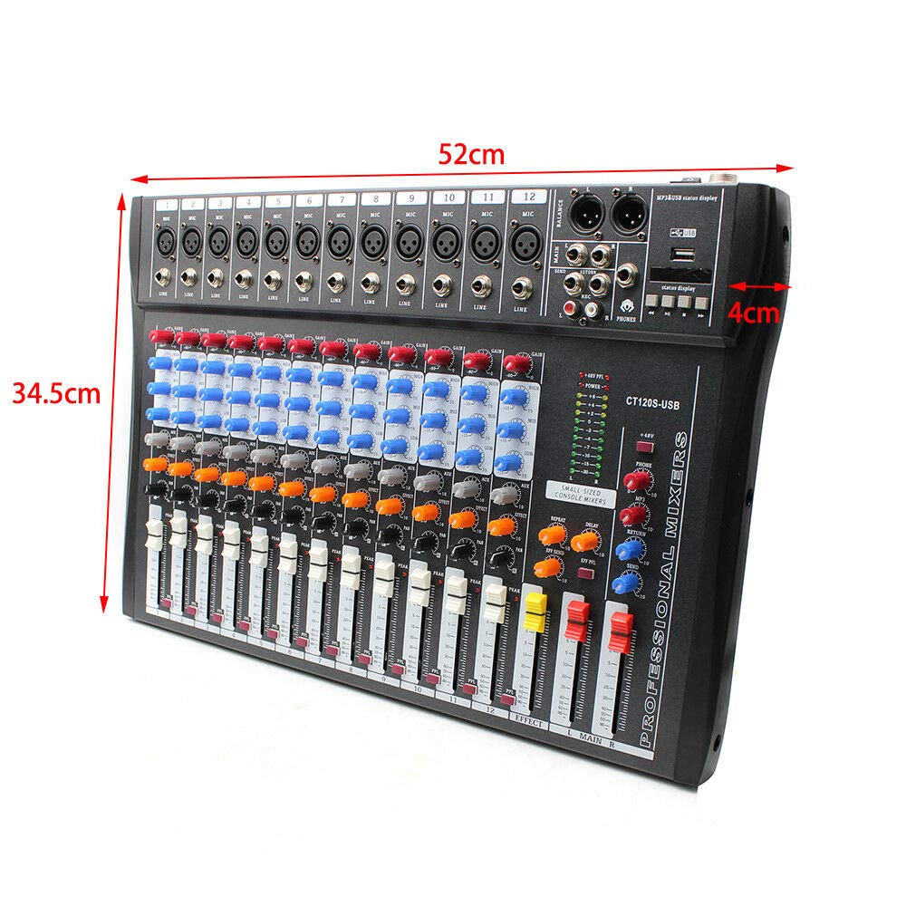 Bluetooth Studio Audio Mixer Sound Mixing Console Desk System Interface w/USB Drive for PC Recording Input AC 110V for Professional and Beginners Recording Function (12 Channel)