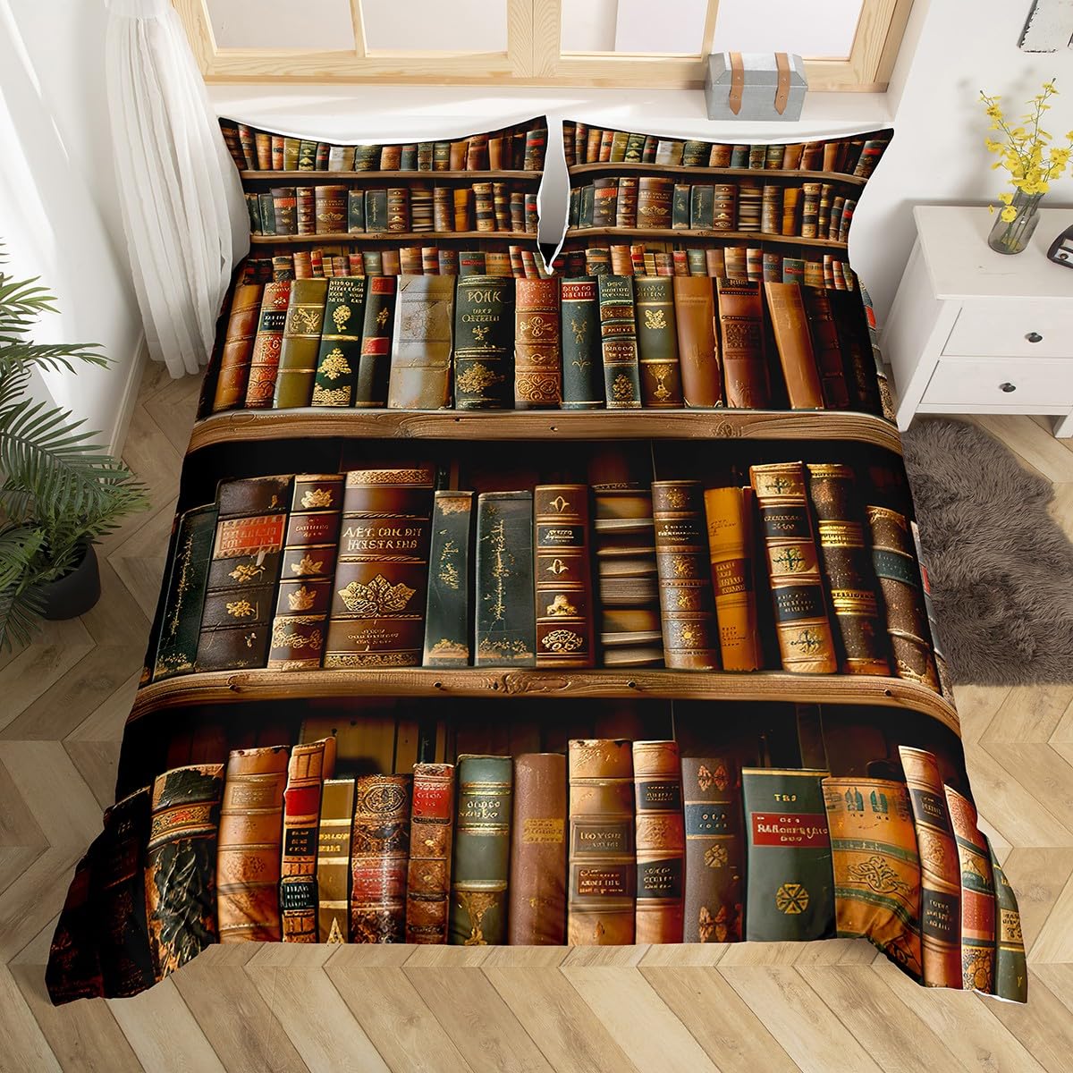 Feelyou Library Bedding Set Old Books Duvet Cover for Kids Children Teens Retro Wooden Bookshelf Comforter Cover Vintage Museum Bedspread Cover Bedroom Decor Quilt Cover 3Pcs King Size (No Comforter)
