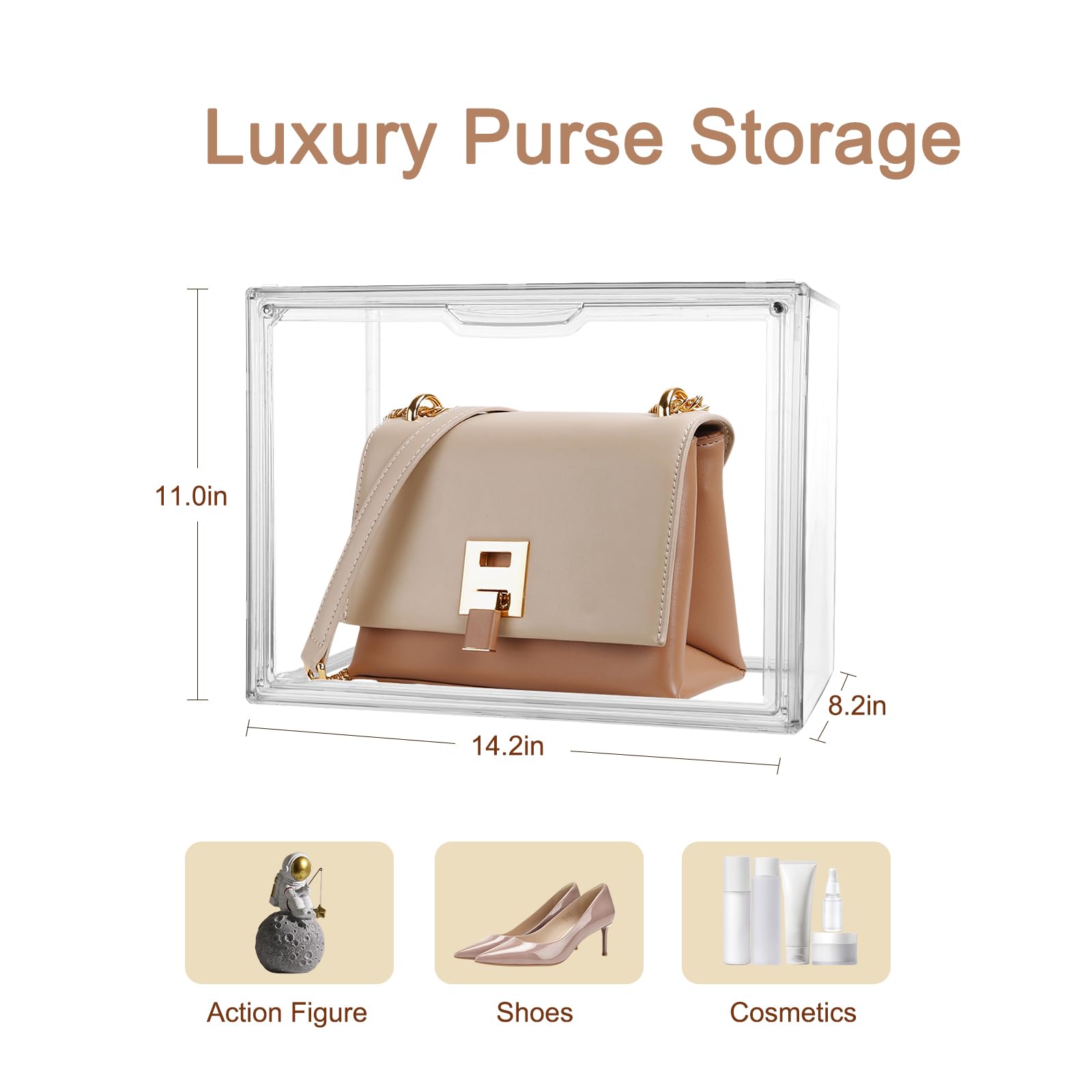 Ambergron Clear Purse Organizer, Stackable Luxury Handbag Display Case - Versatile Closet and Vanity Desk Storage Solution, Dustproof Showcase, 4 Packs