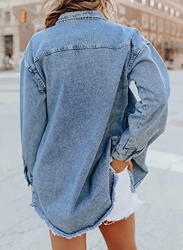 Dokotoo Women's Washed Boyfriend Oversized Lapel Button Up Long Sleeve Denim Trucker Jacket Distressed Ripped Denim Jackets Fashion Distressed Jean Jacket for Women with Pockets, (US 8-10) M,Sky Blue