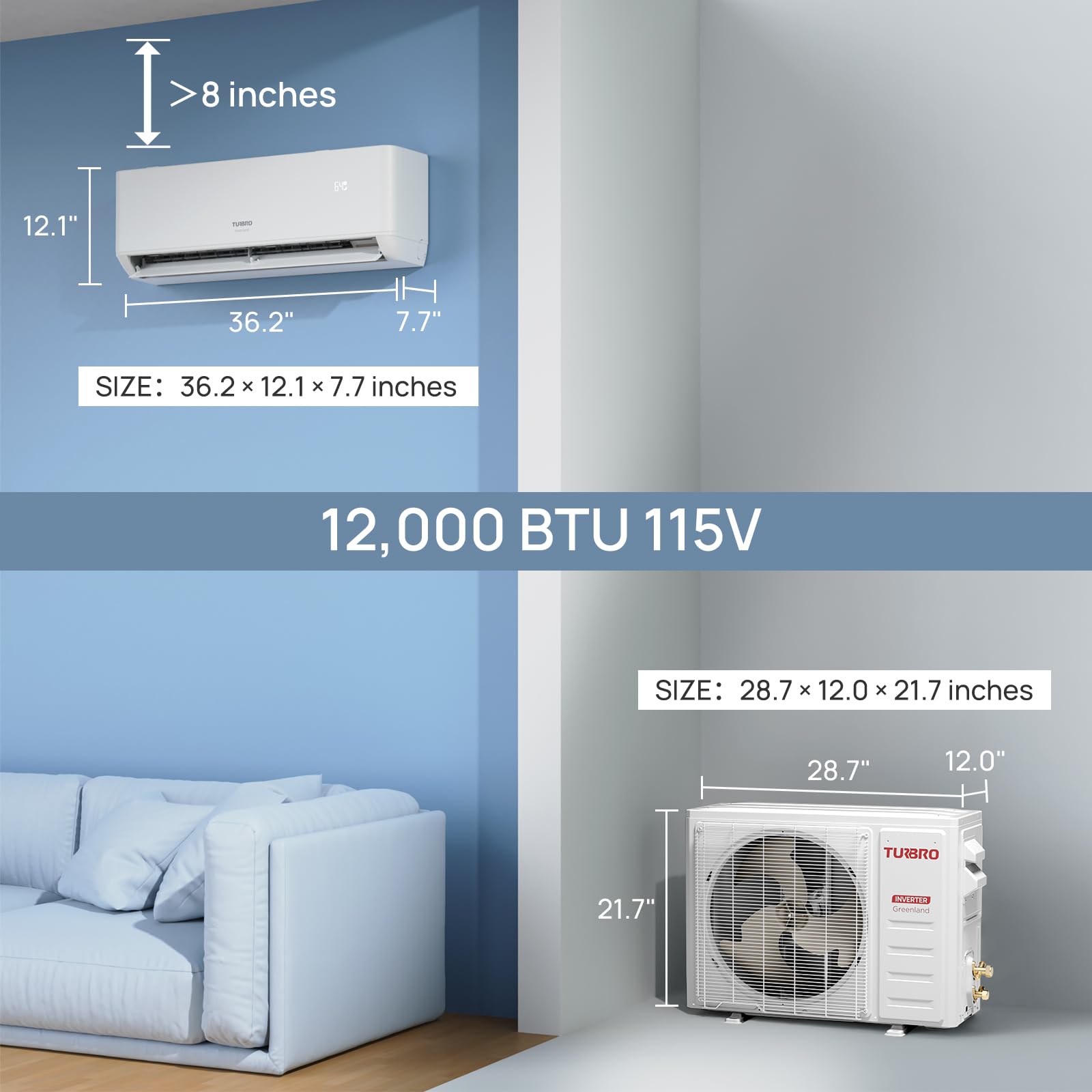 TURBRO 12,000 BTU Ductless Mini Split Inverter AC with Heat Pump, 22 SEER2, 115V, WiFi-Enabled, Cools up to 750 Sq.Ft, Energy Star, Greenland Series