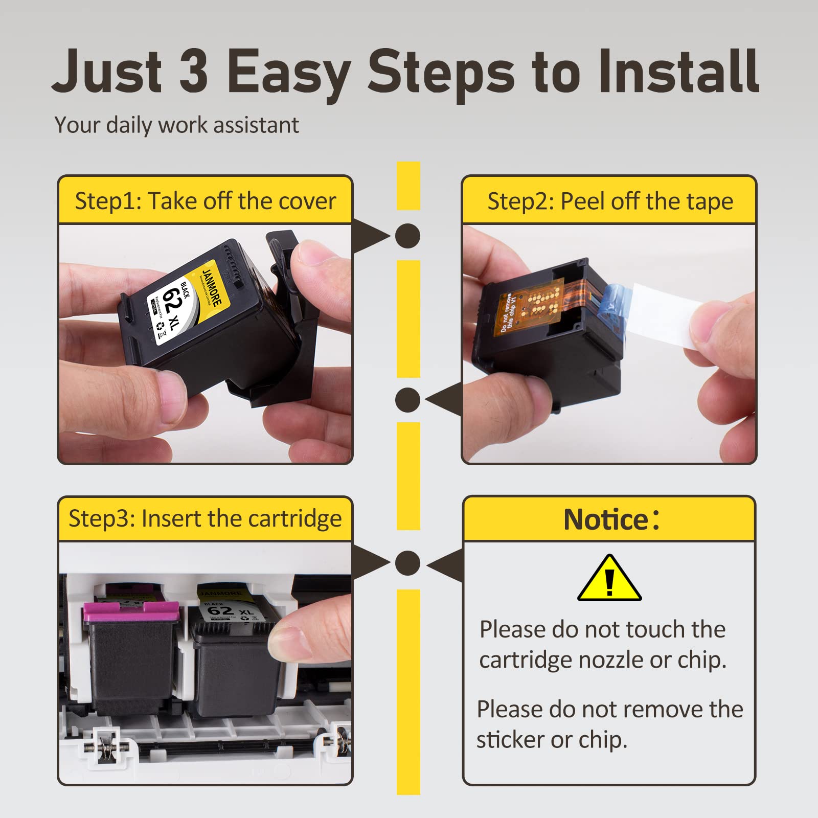 62XL Ink Cartridges High Yield Replacement for HP Ink 62xl Black and Color Combo Pack Work with HP Envy 5540 5549 5640 5660 7640 7645 OfficeJet Mobile 250 200 OfficeJet 5740 5741 8040 Printer