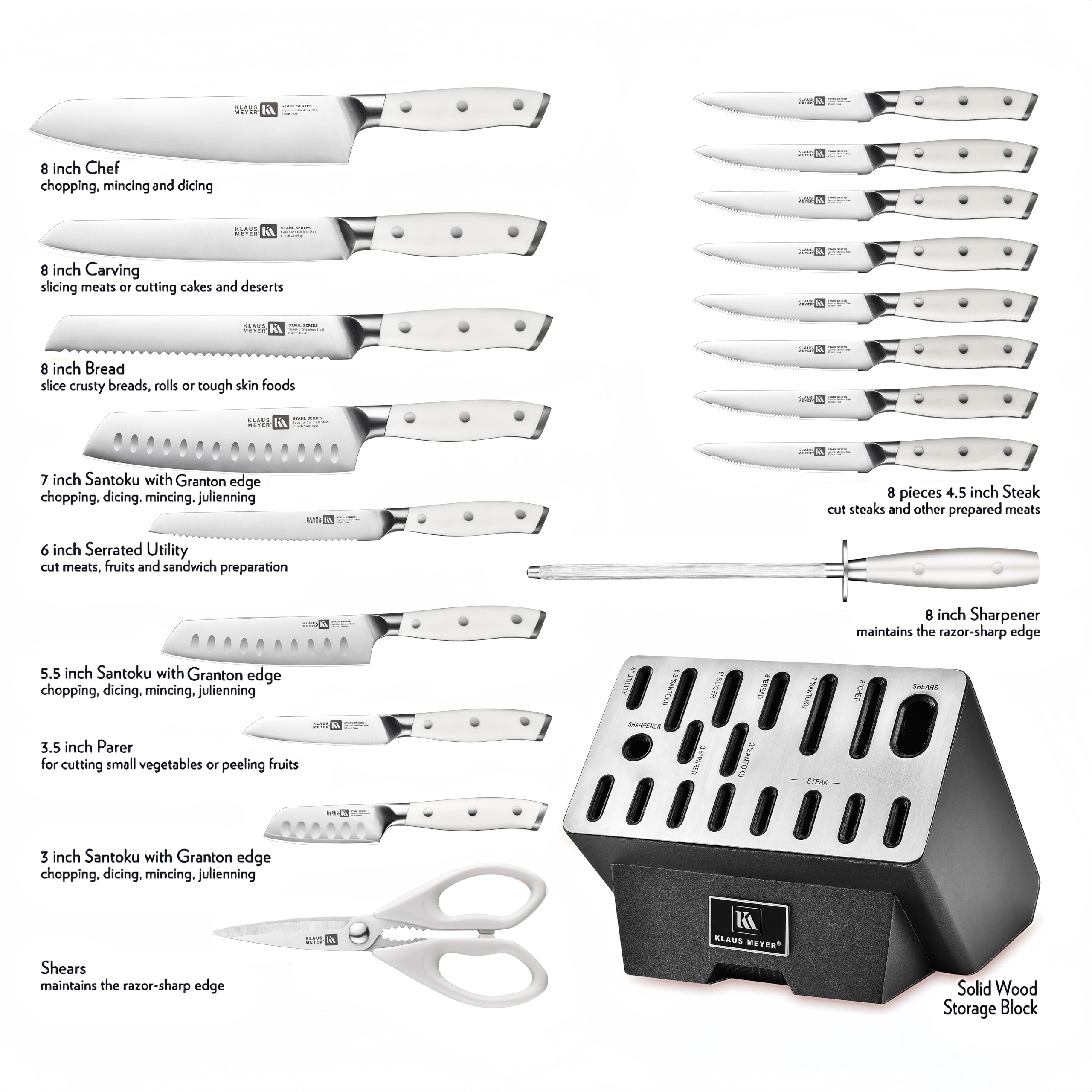 Klaus Meyer Stahl 19 Piece High Carbon Exclusive German Steel Knife Block Set (White)