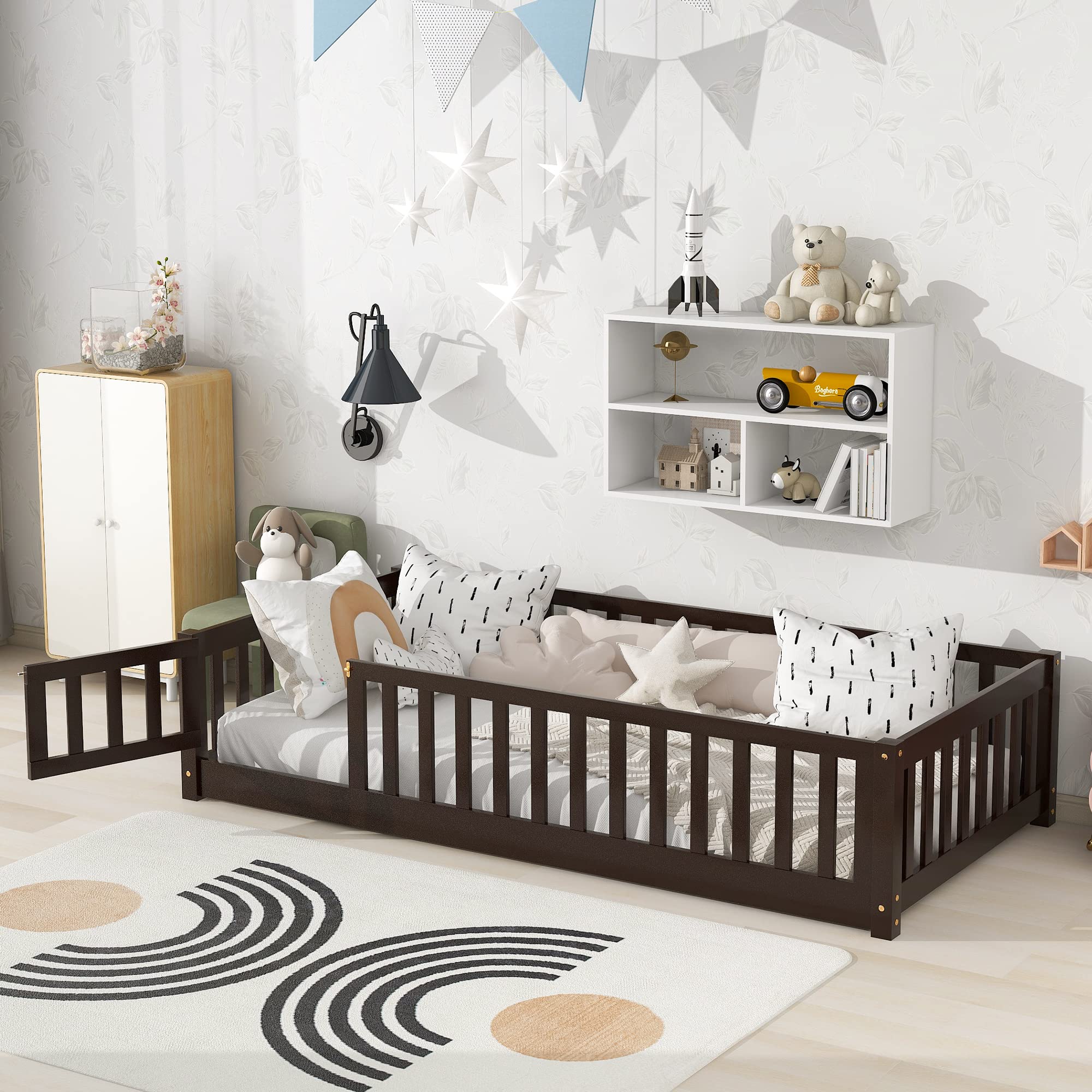 Bellemave Twin Size Wooden Floor Bed Frame with Fence Railings and Support Slats for Kids, Espresso