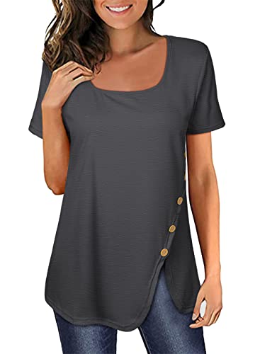 Dokotoo Womens Blouses and Tops Dressy CasualSummer Square Neck Tops Loose Fit Solid Color Short Sleeve Tunic Tops Fashion Oversized T Shirts Black Medium